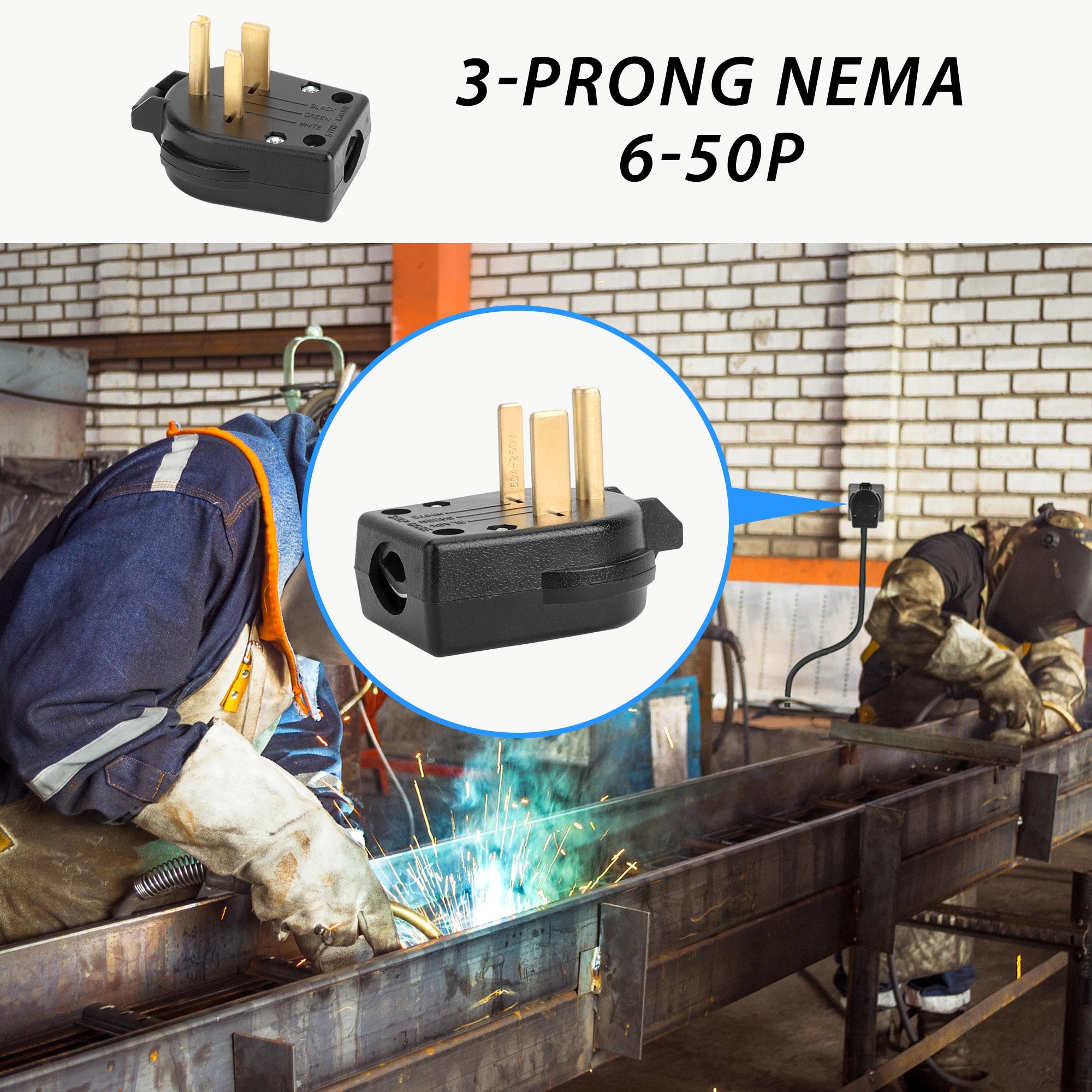 50A Power Plug NEMA 6-50P 50Amps 250V Power Plug, UL Listed (3P NEMA 6 ...