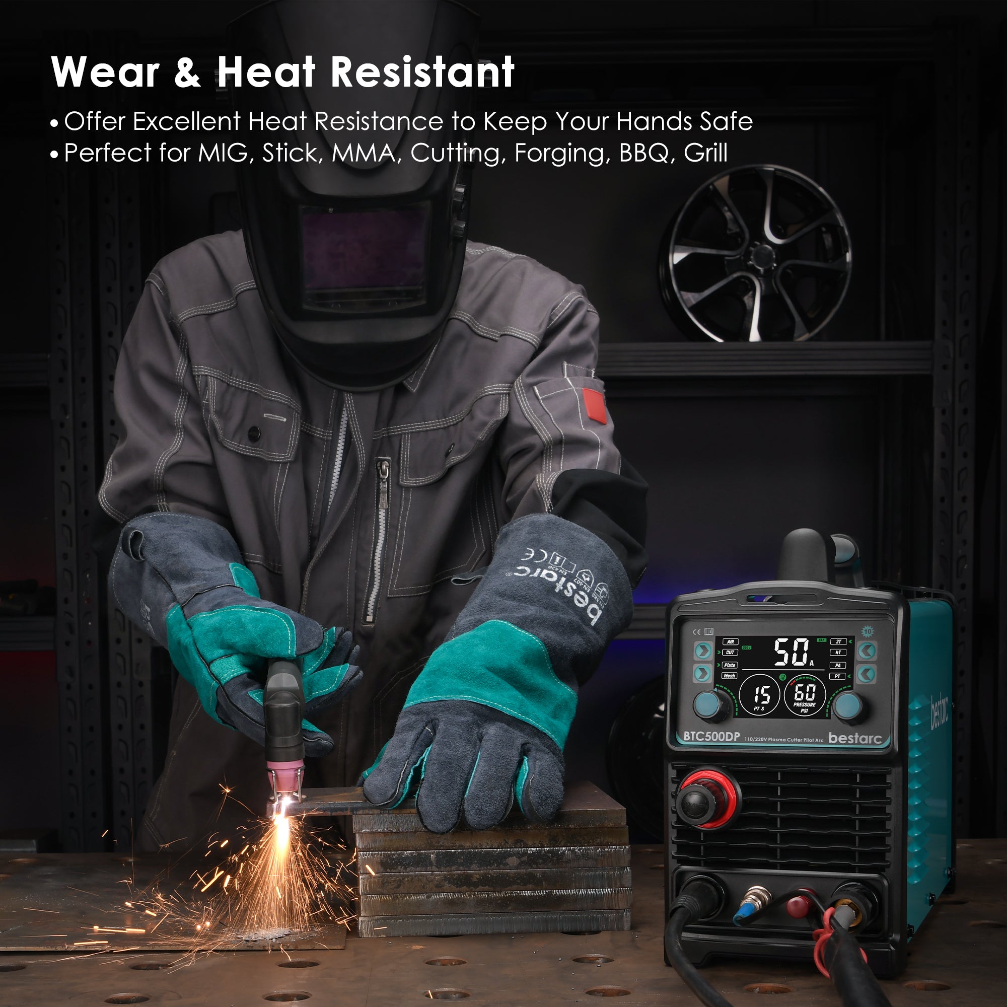 16" Leather Forge MIG Welding Gloves with Kevlar Stitching (Grey-Green ...